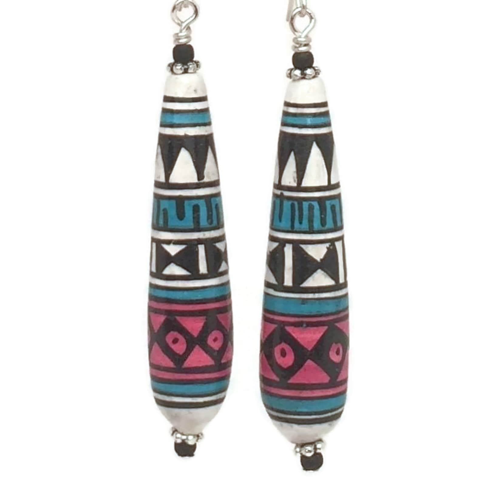 Vintage Style Peruvian Earrings, Sterling Silver White Pink Teal Dangle ...