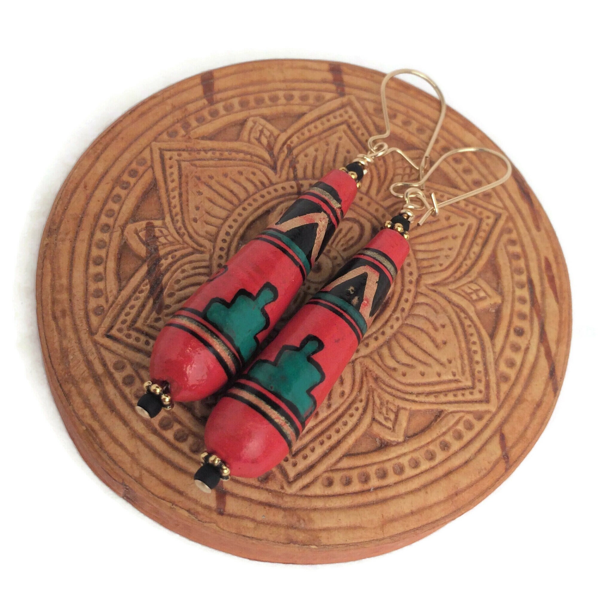 Red Peru Earrings, 14K Gold Fill Colorful Ethnic Bead Dangles, Hand ...