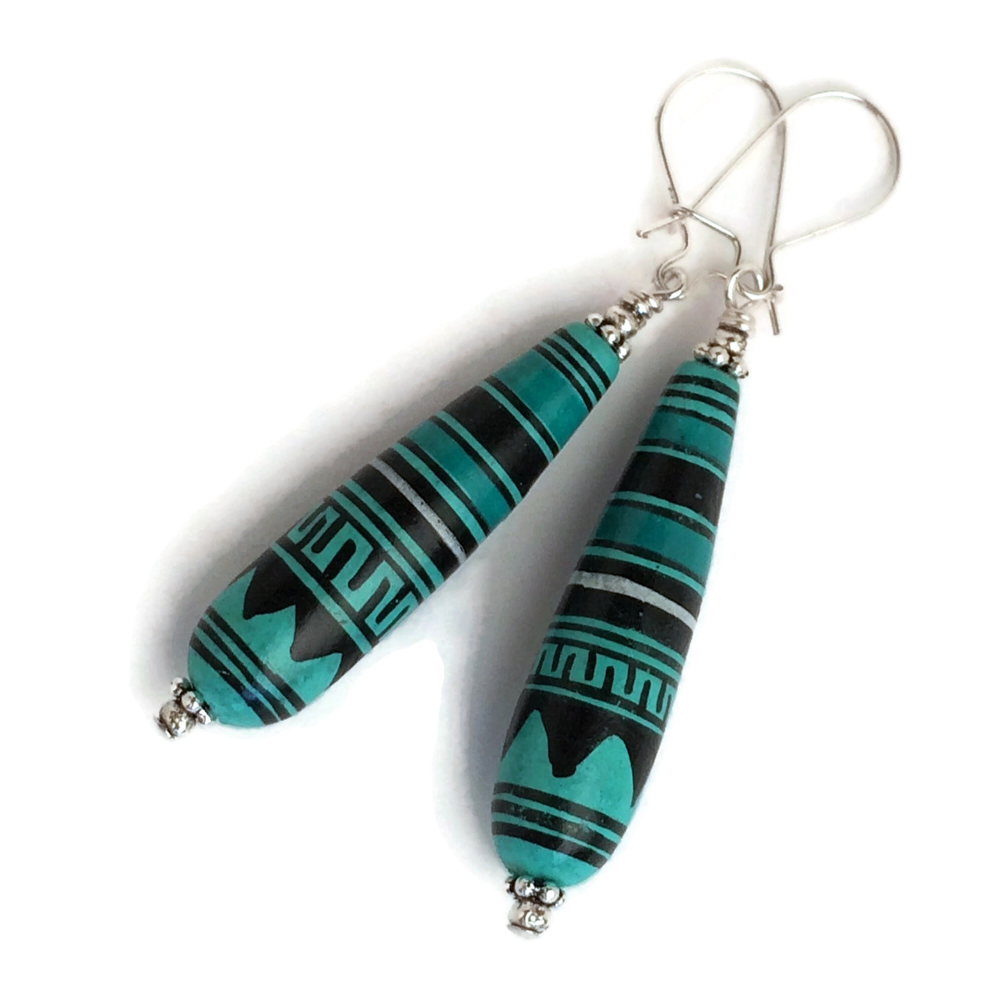 Peruvian Ceramic Bead Earrings, Aqua Black Geometric Long Dangles ...