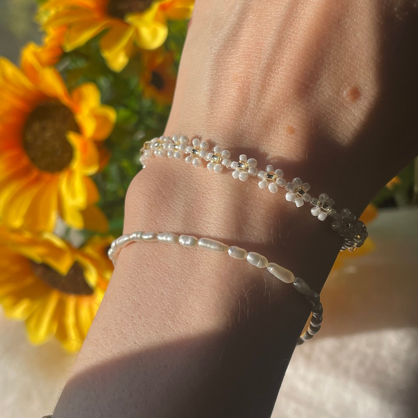 Freshwater Pearl & Daisy Flower Bracelets, Classic Bridal Bracelet ...