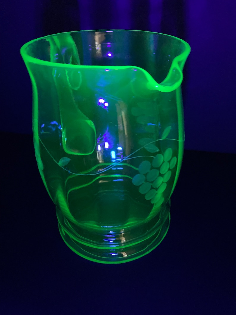 Vintage Green Vaseline Uranium Depression Glass Pitcher With Grapes ...