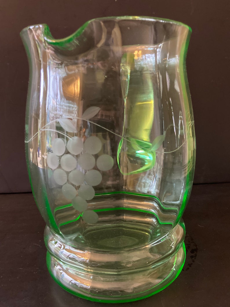Vintage Green Vaseline Uranium Depression Glass Pitcher With Grapes ...