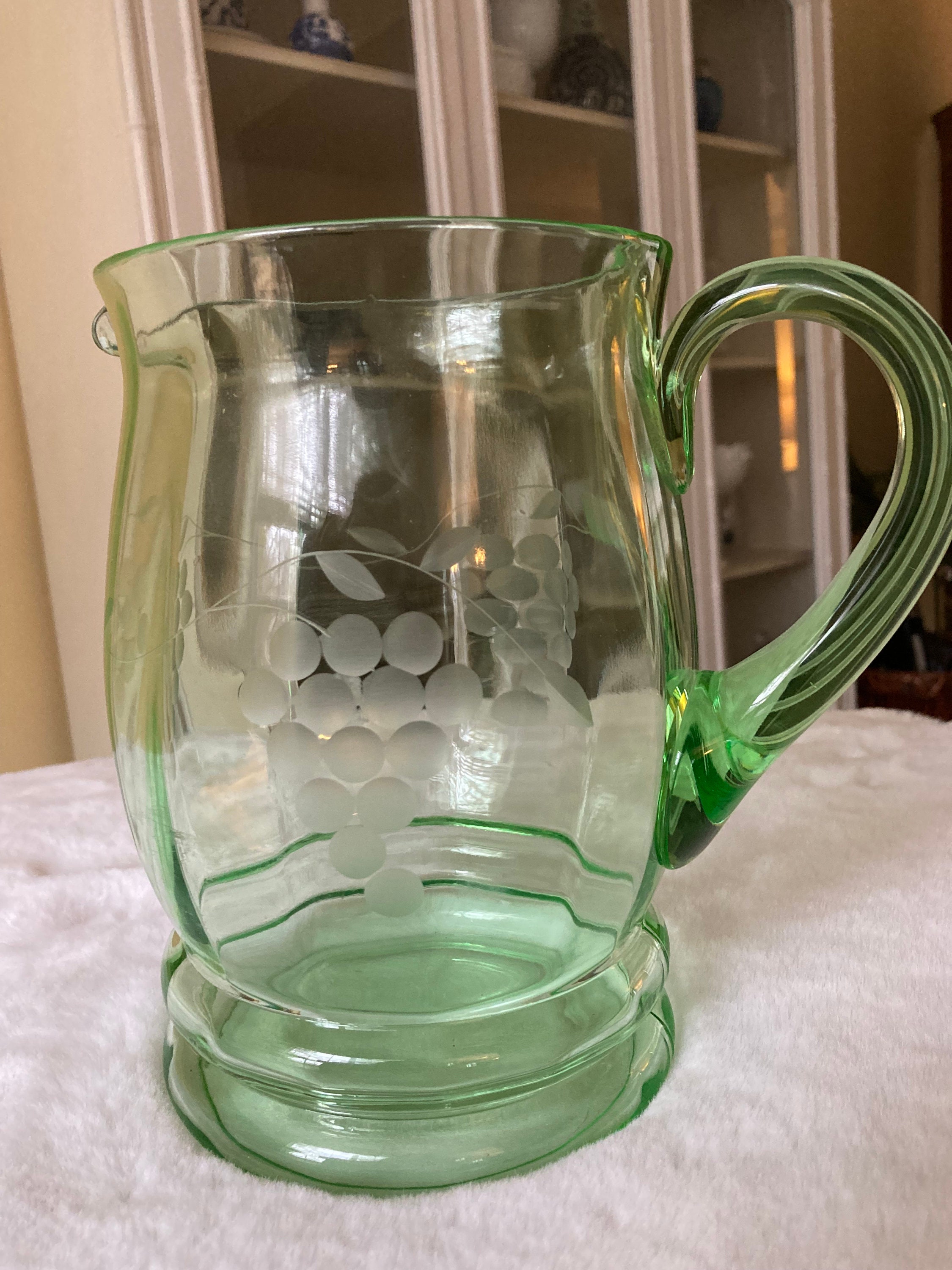 Vintage Green Vaseline Uranium Depression Glass Pitcher With Grapes ...