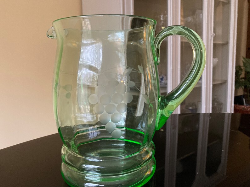 Vintage Green Vaseline Uranium Depression Glass Pitcher With Grapes ...