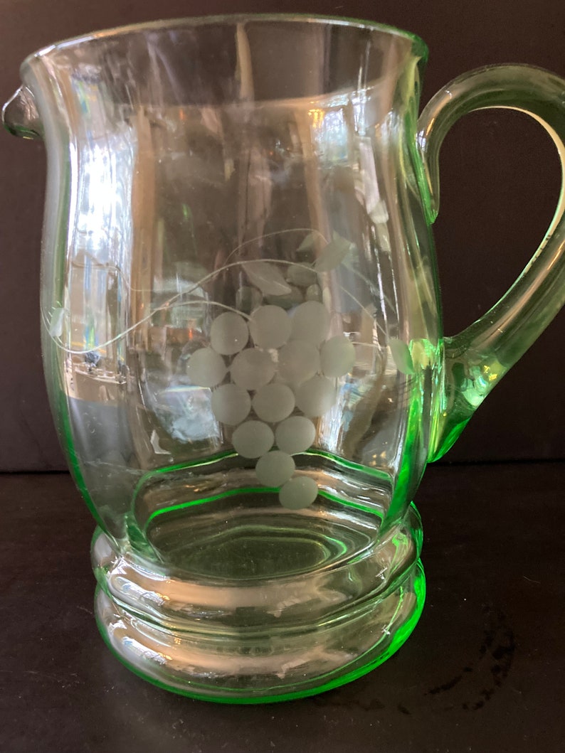 Vintage Green Vaseline Uranium Depression Glass Pitcher With Grapes ...