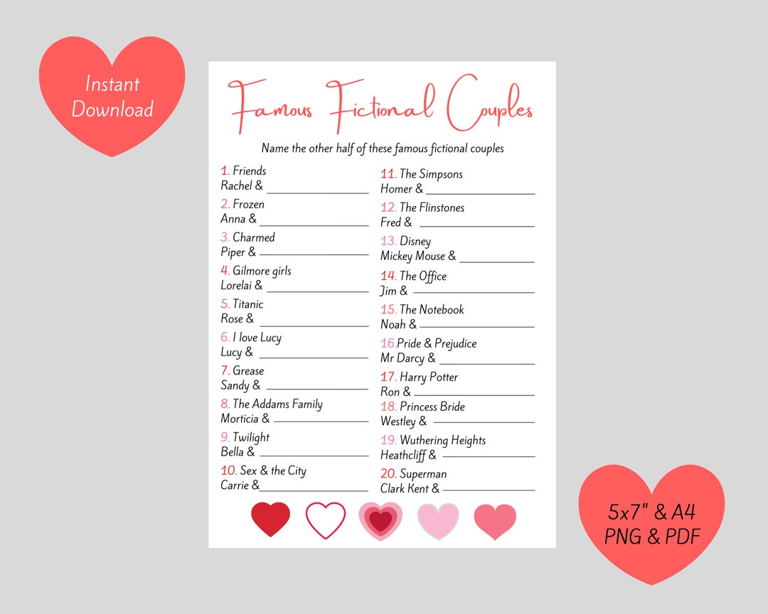 Famous Fictional Couples Game Love Match Game Valentine's/ Valentine's ...