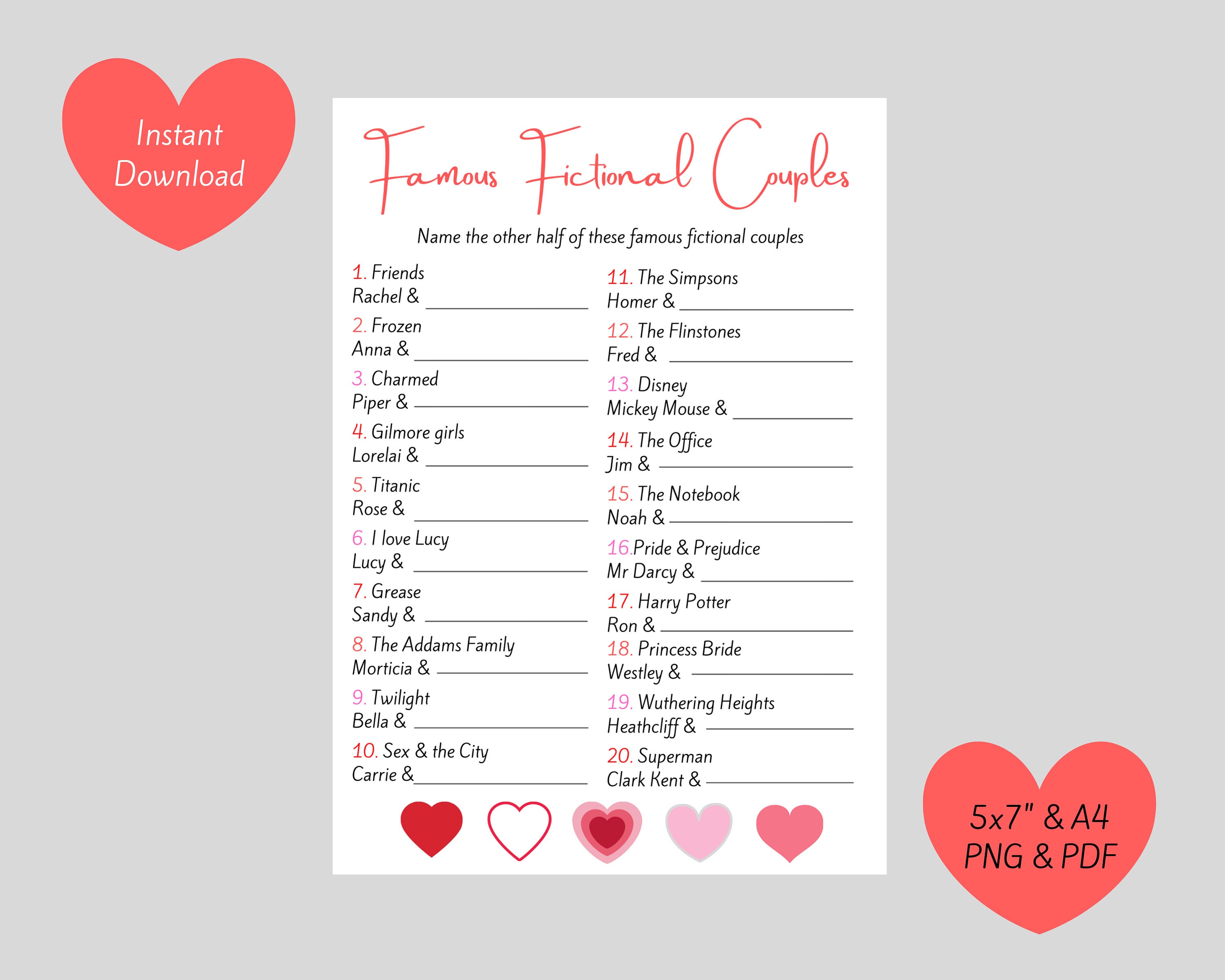 Famous Fictional Couples Game Love Match Game Valentine's/ Valentine's ...