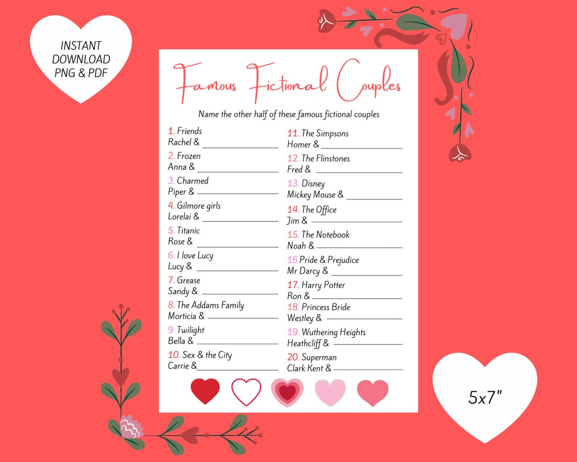 Famous Fictional Couples Game Love Match Game | Etsy