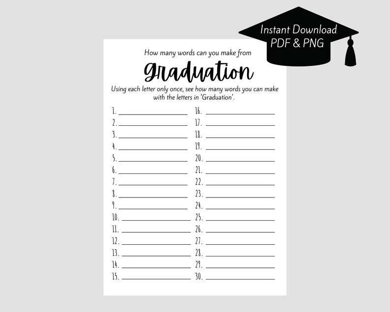 Graduation Game - Word List Printable Game - Etsy Australia