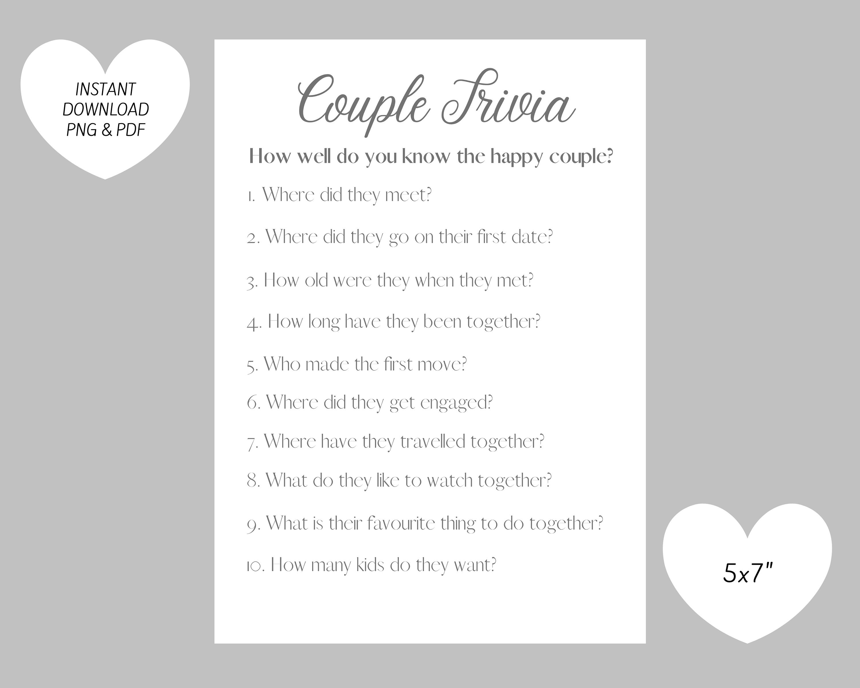 Wedding/ Engagement Party Couple Trivia Printable Game - Etsy