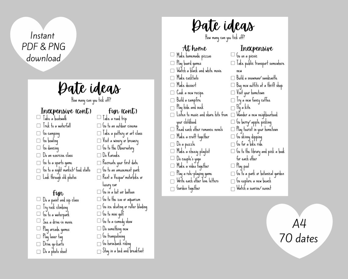 70 Date Ideas - Instant Downloadable Printable - Etsy