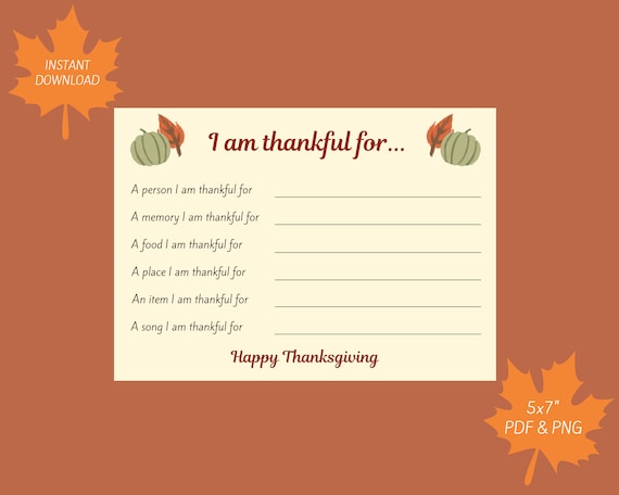 I Am Thankful for Thanksgiving Printable Activity Card | Etsy