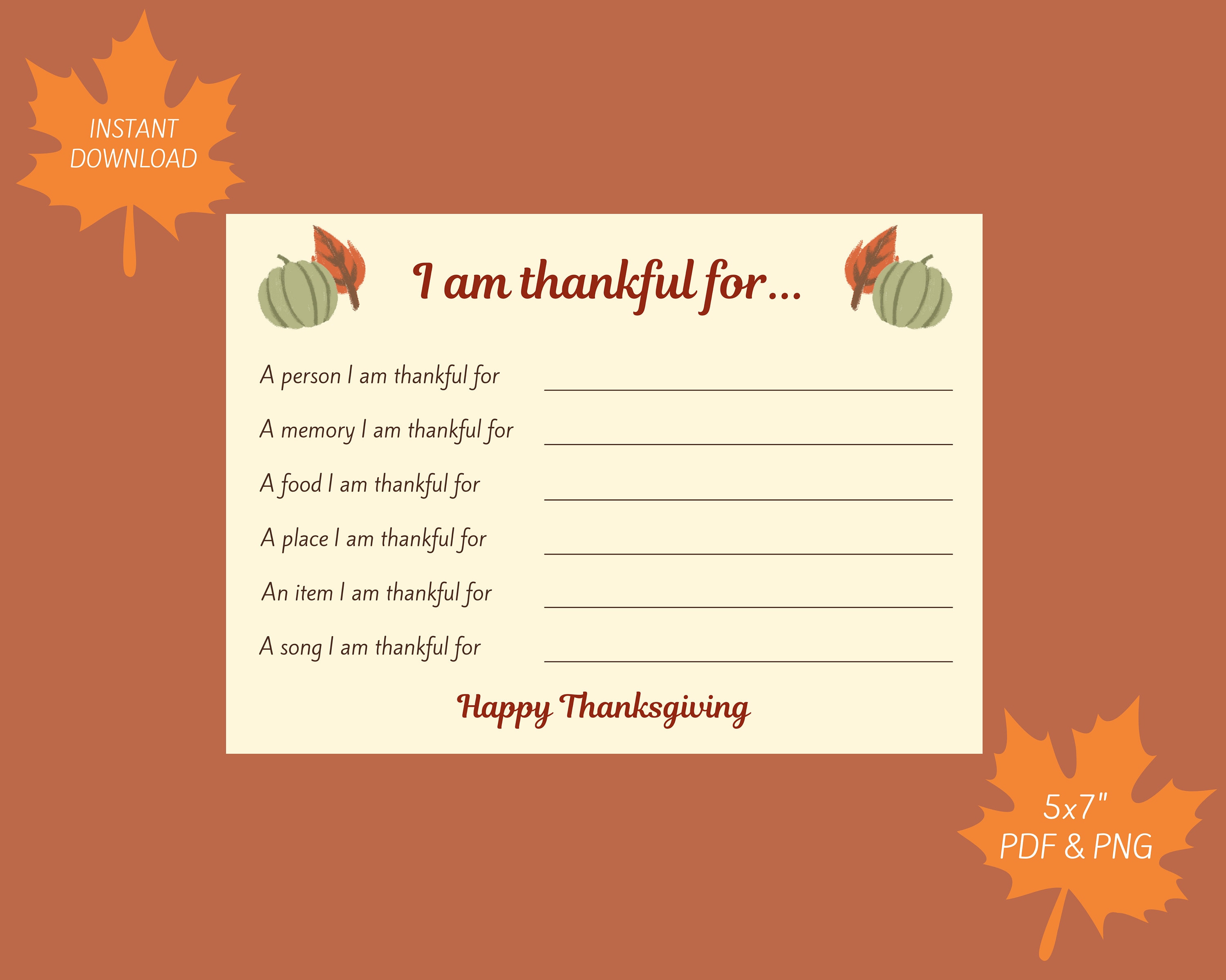 I Am Thankful for - Thanksgiving Printable Activity Card - Etsy