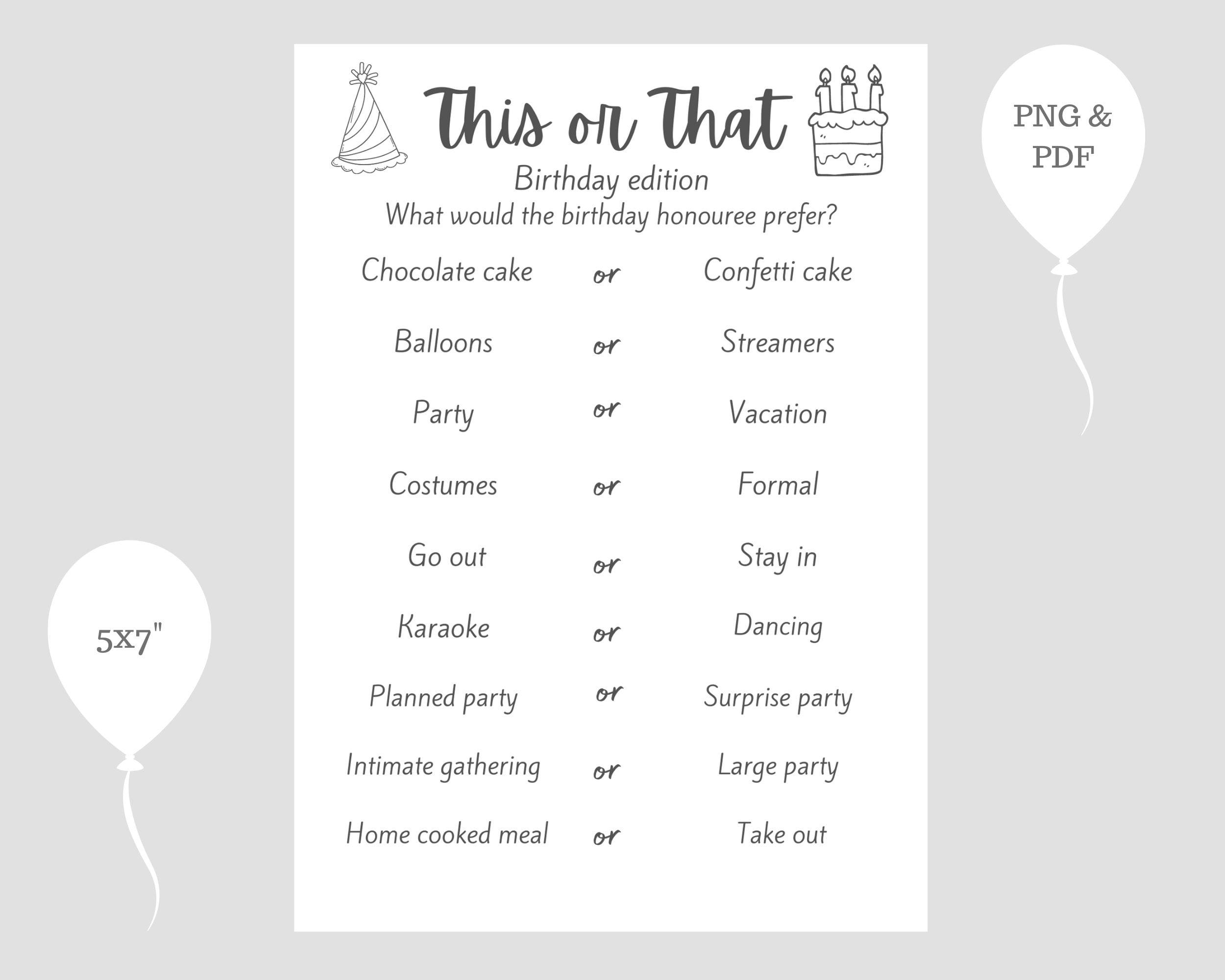 This or That Printable Game - Birthday Edition - Etsy