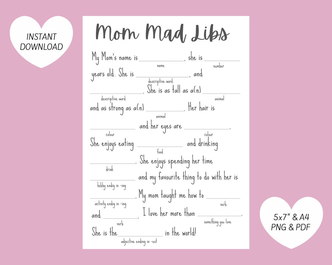 Mom Mad Libs - Mother's Day/ Mom's Birthday Family Fun Game - Etsy