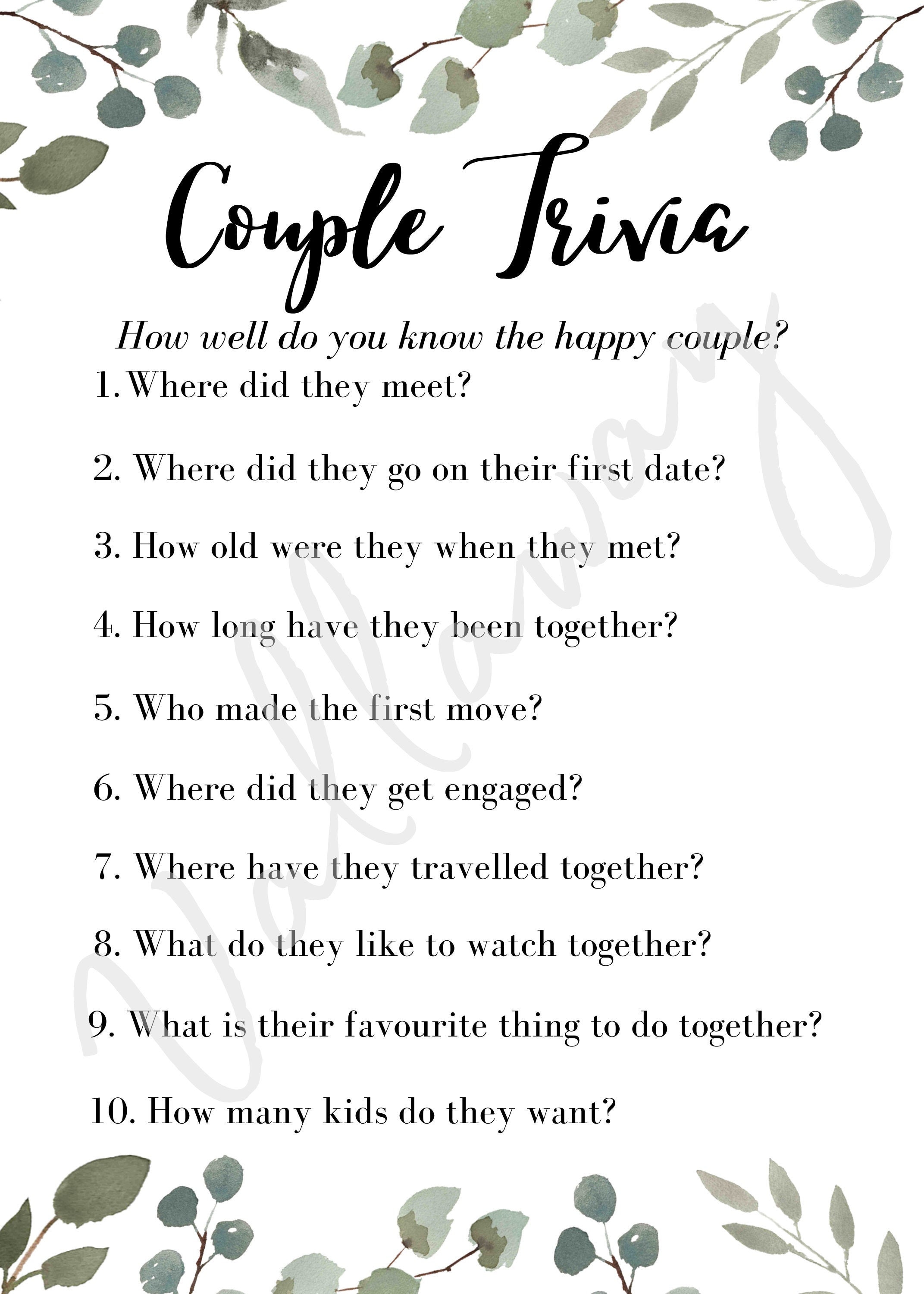 Engagement Party Wedding Couple Trivia Game How Well Do You Know The