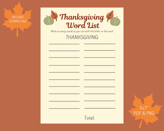 Thanksgiving Word List Printable Game | Etsy