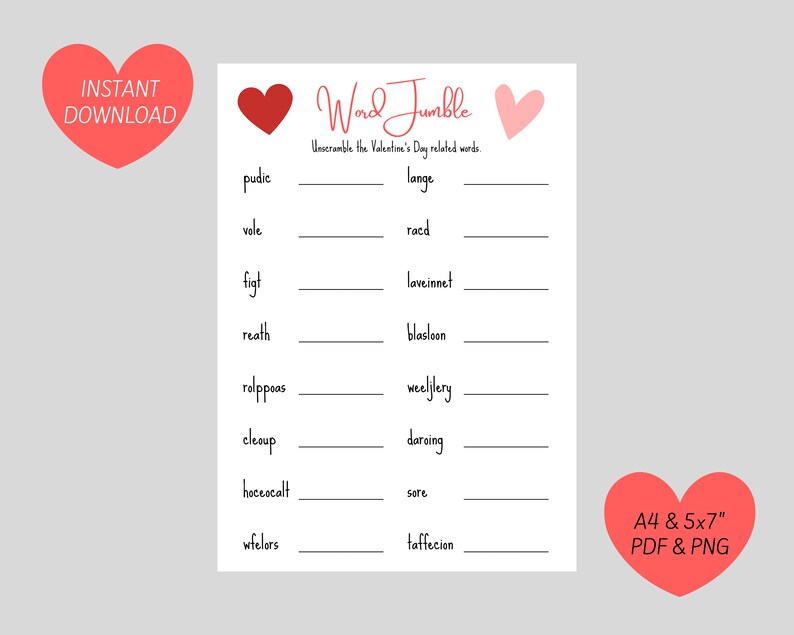 Valentine's Day Word Jumble - Printable Party Game - Etsy
