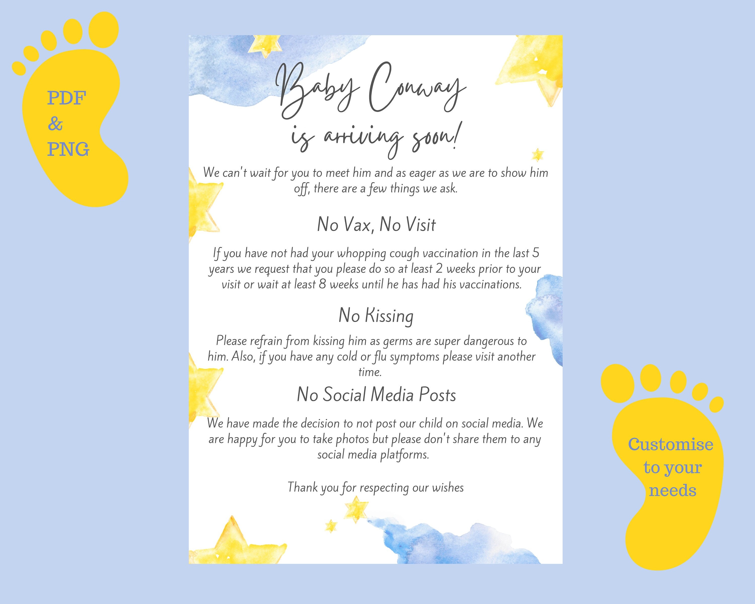 Editable Newborn Visitor Information & Rules - No Vax, No Visit (5x7 ...