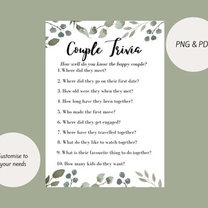 Editable Couple Trivia Engagement/ Wedding Printable Game - Etsy Australia