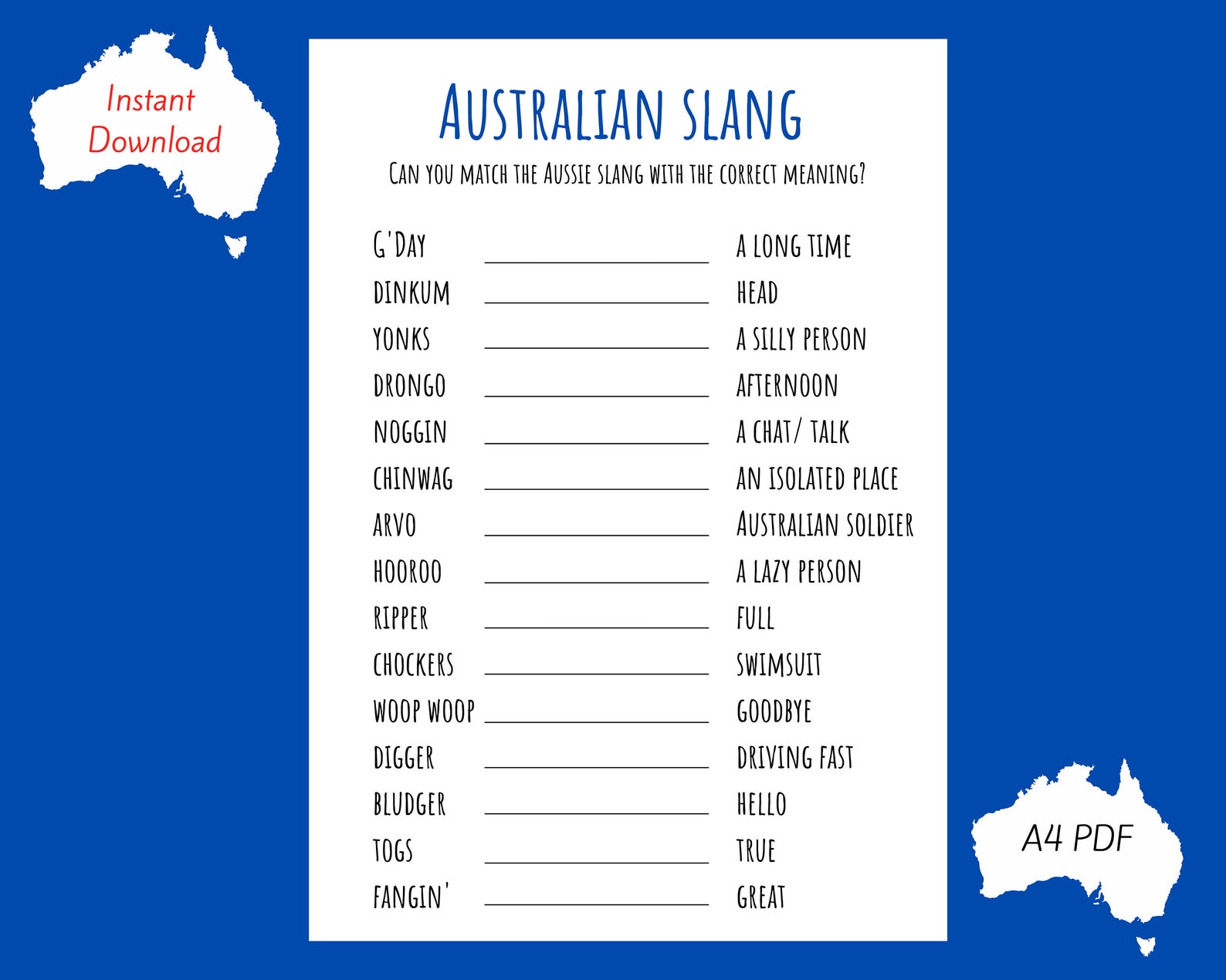 Australian Slang Printable Game - Etsy Australia