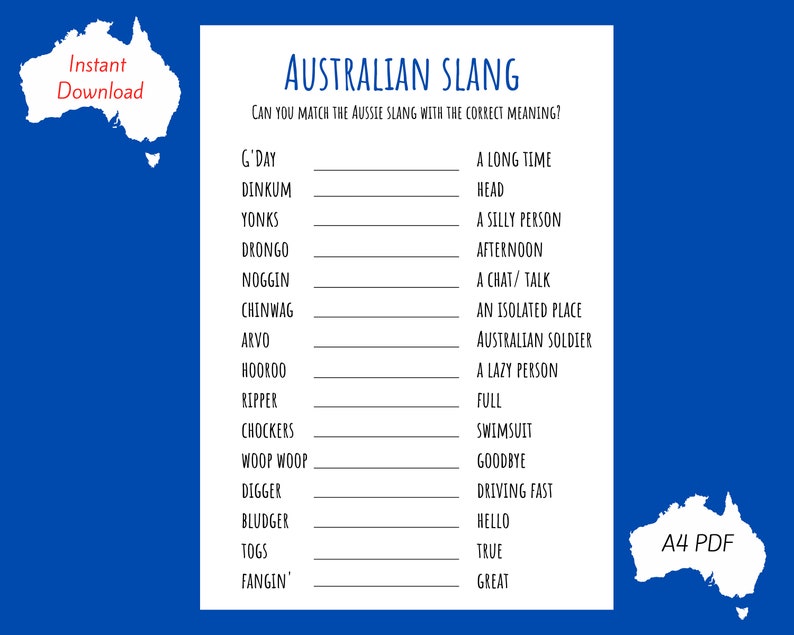 Australian Slang Printable Game - Etsy