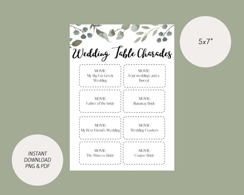 Wedding Table Charades Wedding Game, Bridal Shower Game, Engagement ...