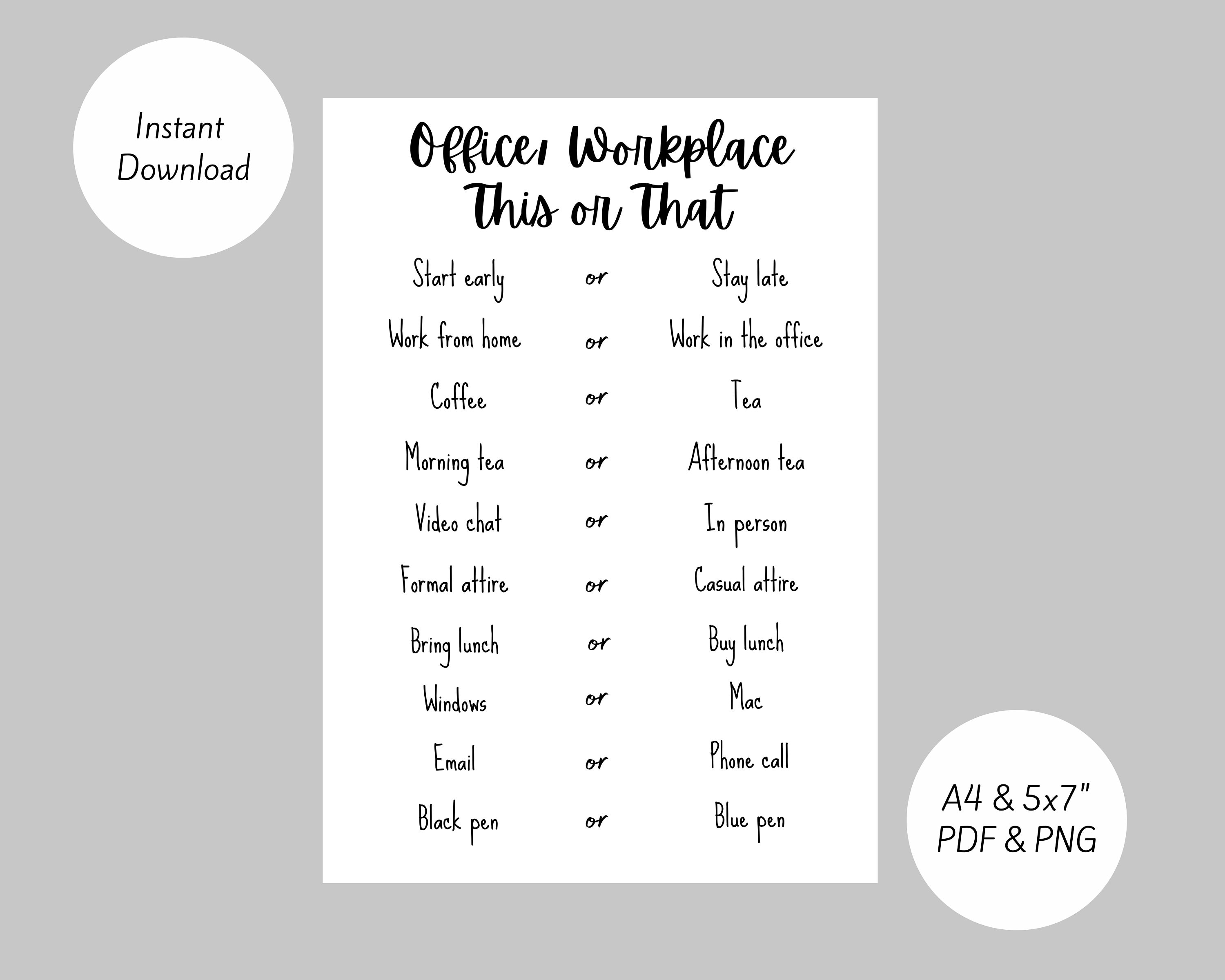 Office/ Workplace This or That - Icebreaker/ Team Building Activity - Etsy