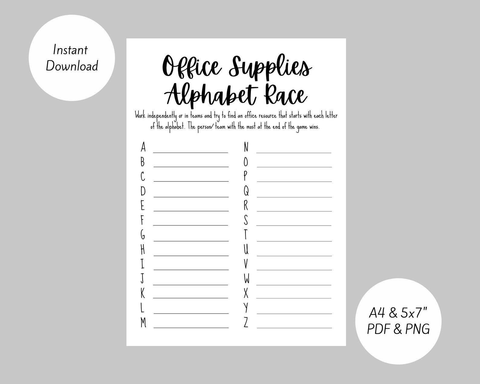Office Supplies A-Z Alphabet Race - Team Building/ Workplace/ Office ...