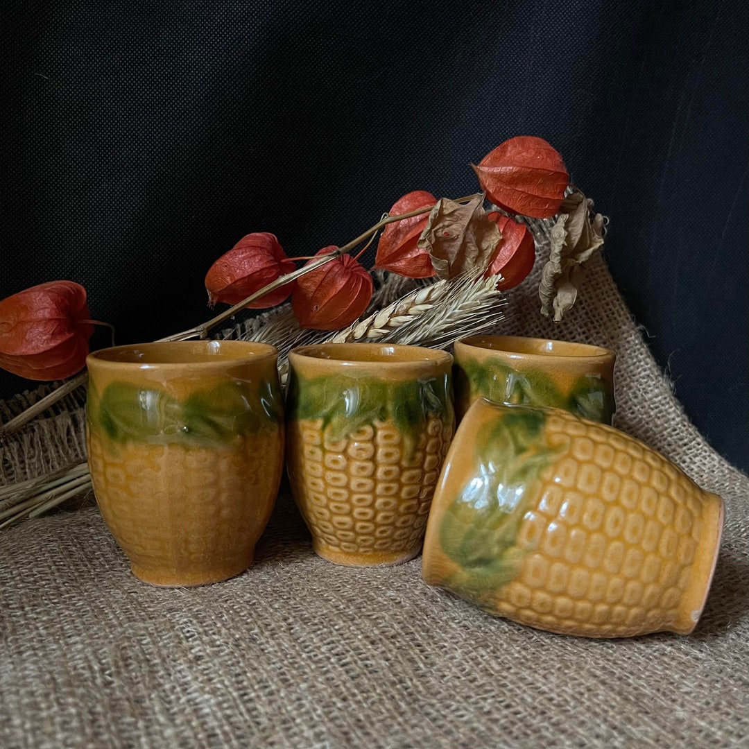 Vintage Corn Mug Set: Mustard Yellow Ceramic Cups, Retro Kitchenware - Etsy