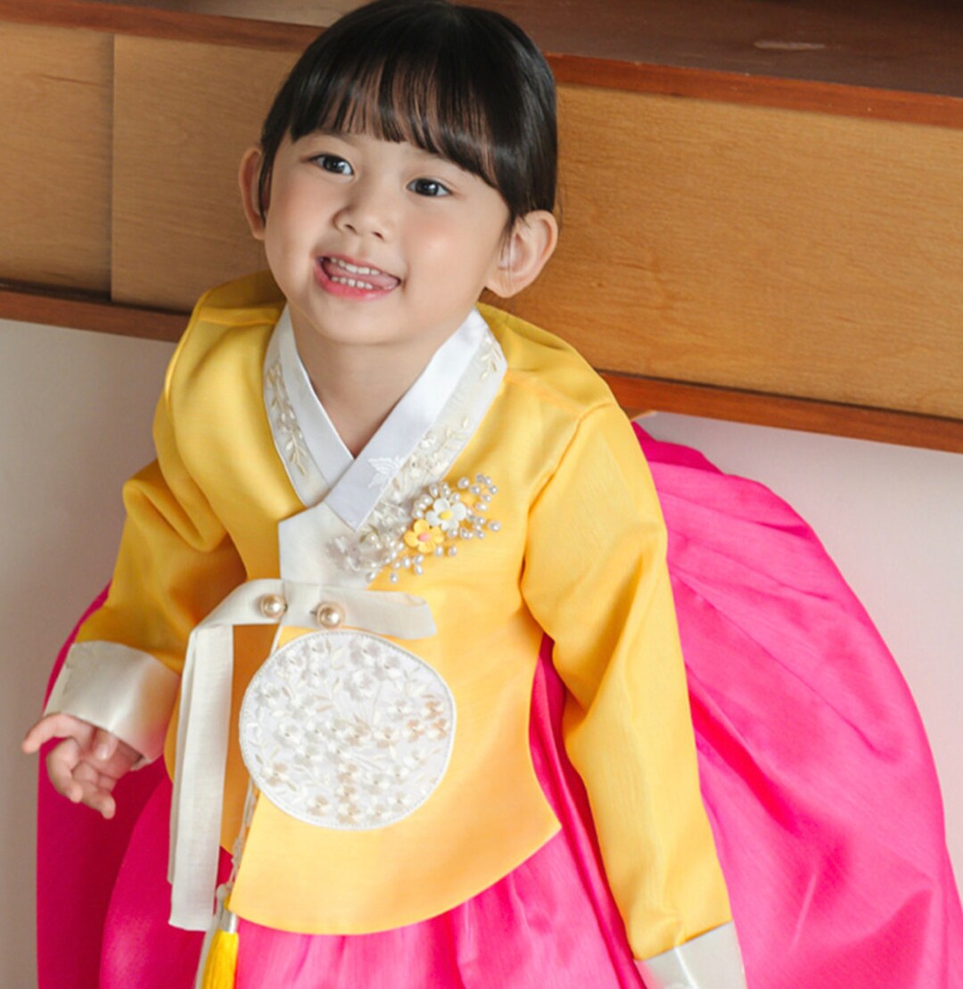 112y/o Najeong Yellow Pink Hanbok, Girl Hanbok, Dol, Baek-il, Hanbok ...