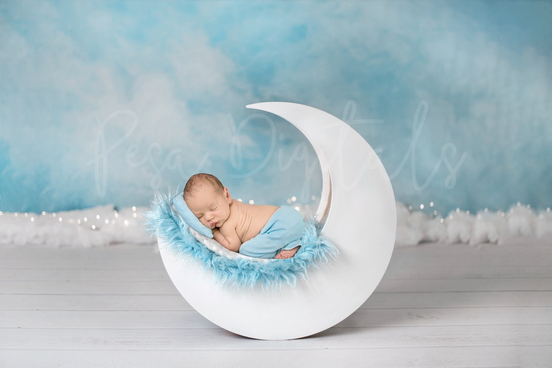 Newborn Digital Backdrop, White Moon With Blue Background, Natural ...