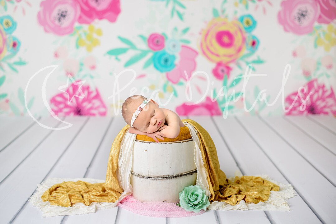 Spring Theme Digital Backdrop Newborn Background White Bucket, Natural ...