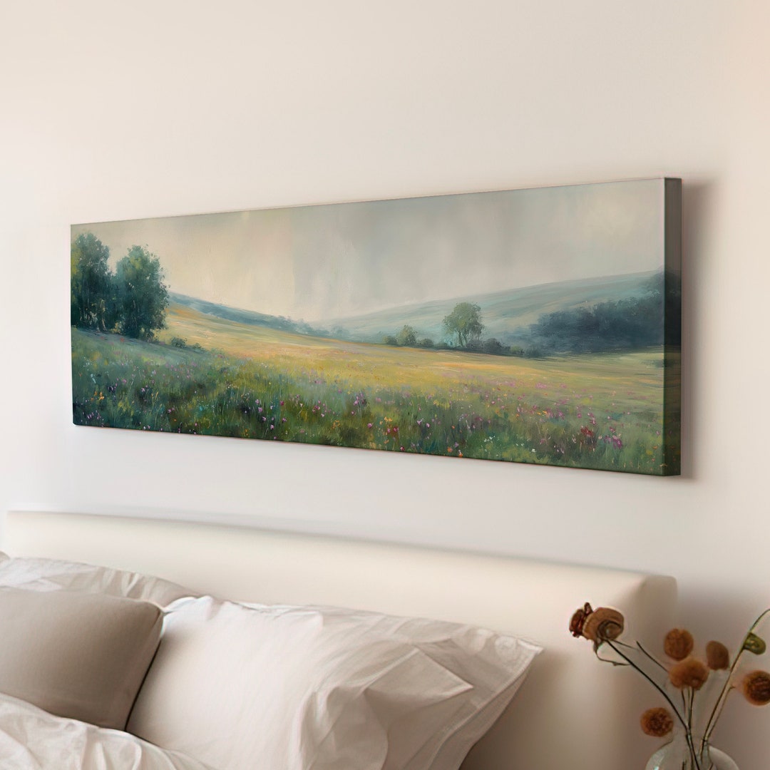 Peaceful Spring Meadow Above Bed Wall Art Forest, Panoramic Wildflower ...