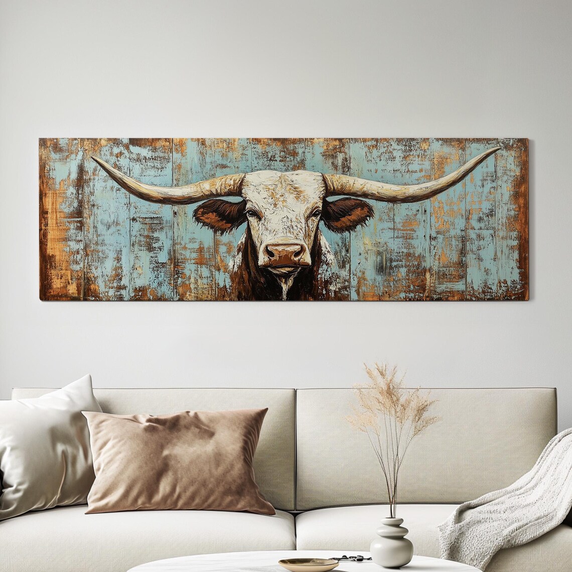 Texas Longhorn Portrait Panoramic Wooden Texture, Minimal Country Charm ...