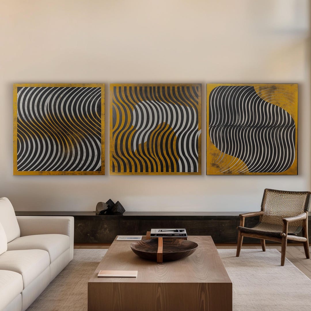 Line Art Wabi Sabi Triple Canvas Wall Art Yellow, Huge Abstract Japandi ...