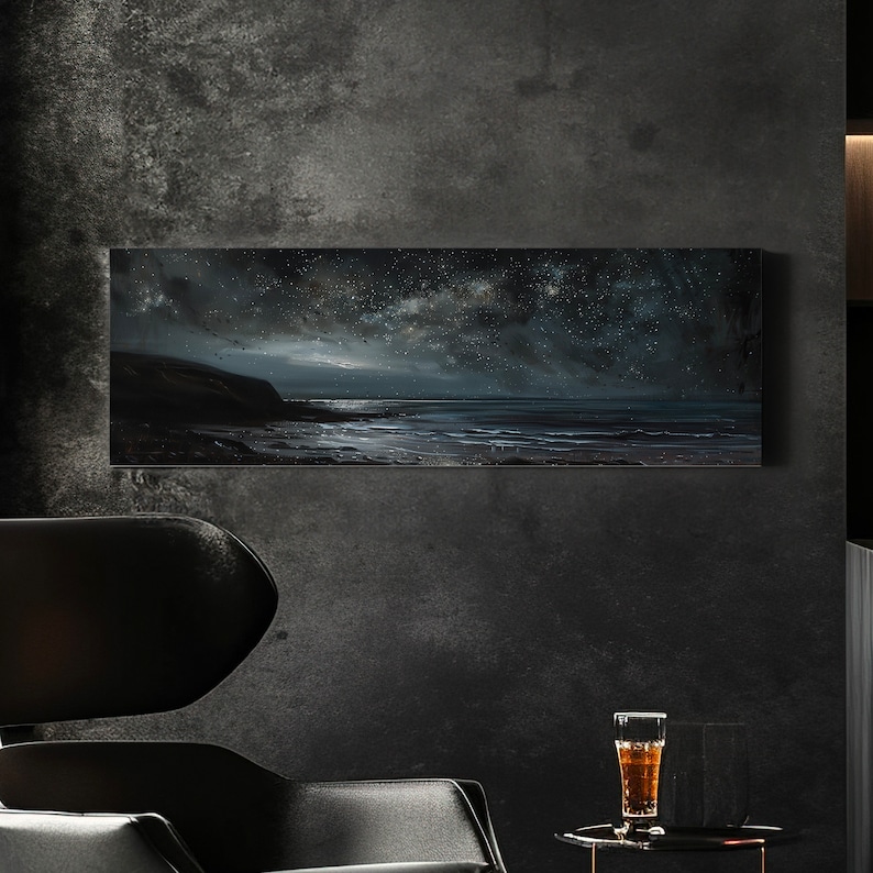 Sea Shore at Night Long Horizontal Wall Art for Bedroom, Panoramic ...