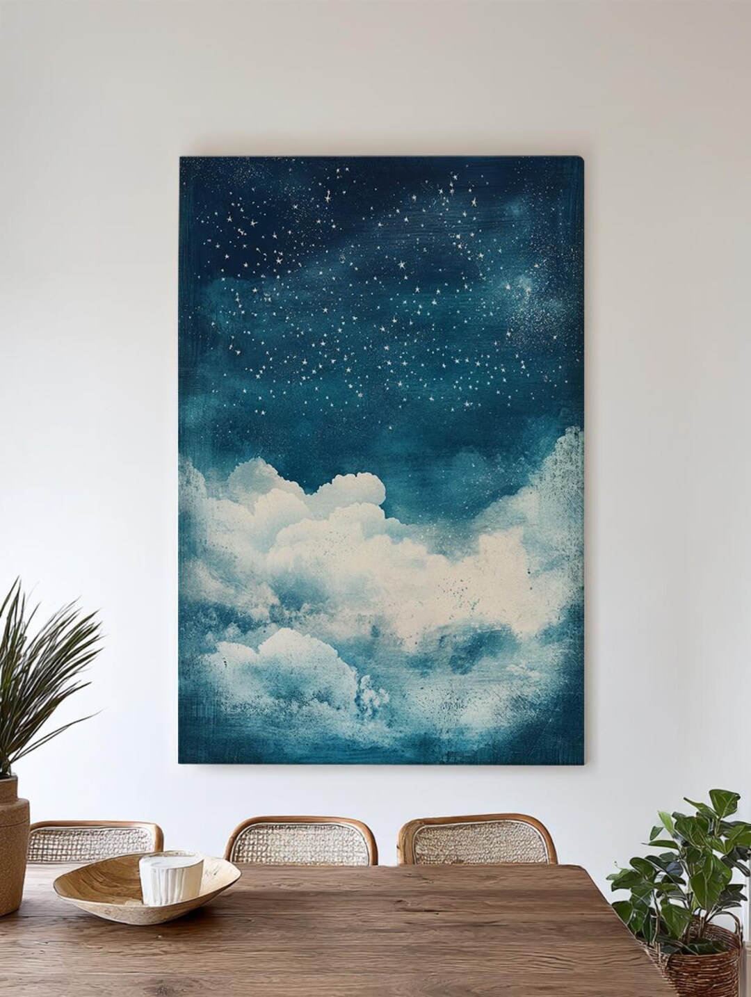 Celestial Nightscape Canvas Art | Distressed Watercolor Print ...