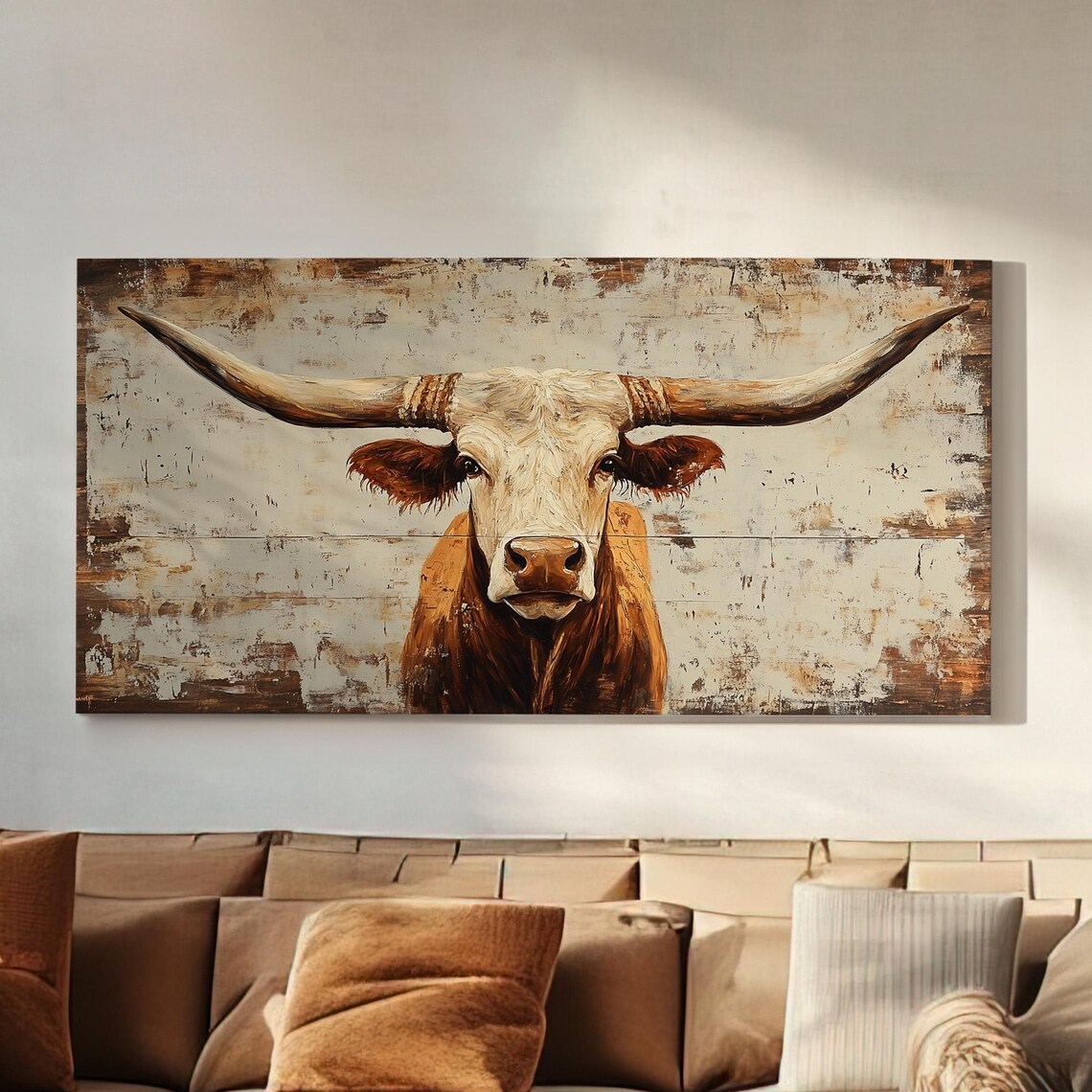Rustic Texas Longhorn Portrait Lanscape Wooden Texture, 2x1 Country ...
