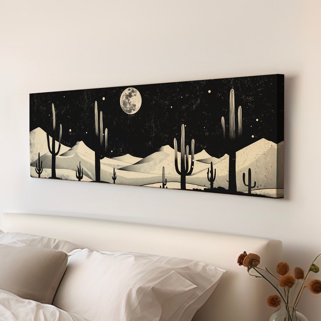Western Cactus Above Bed Wall Art Southwestern, Panoramic Cowboy Canvas ...