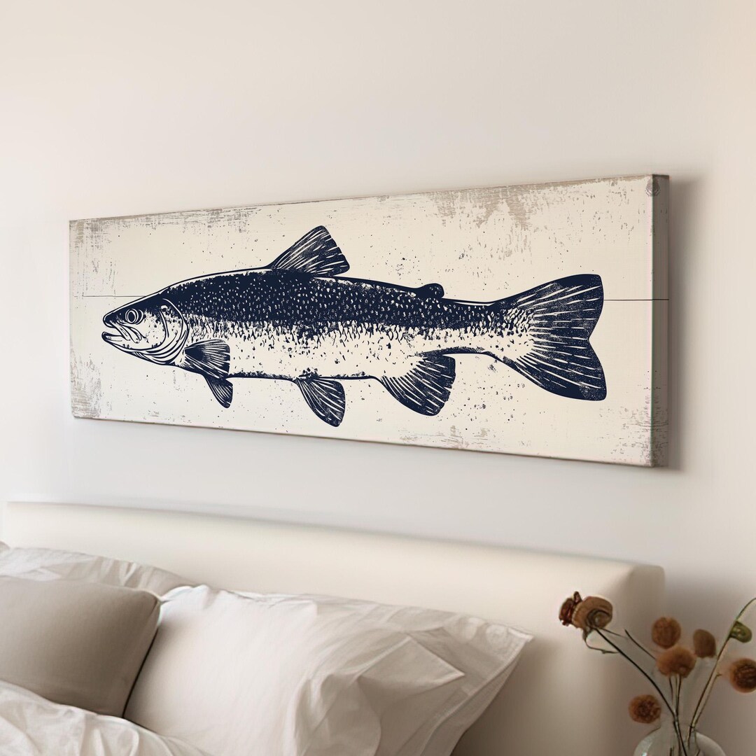 Navy Trout Panoramic Art for Living Guestroom, Canvas Fishing Shack ...