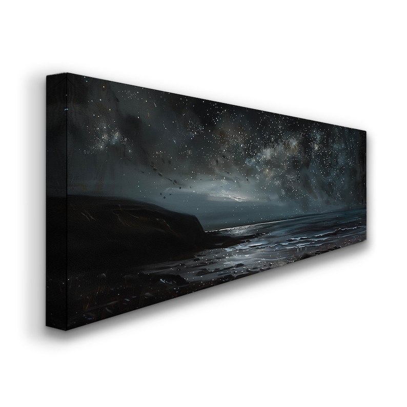 Sea Shore at Night Long Horizontal Wall Art for Bedroom, Panoramic ...