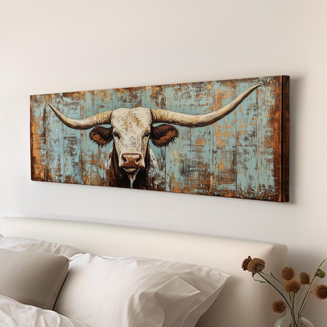 Texas Longhorn Portrait Panoramic Wooden Texture, Minimal Country Charm ...