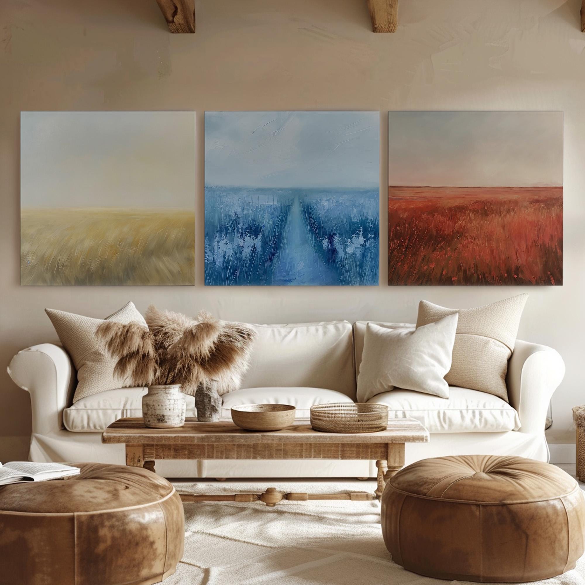 Colorful Grass Field Triple Canvas Wall Art Pampas Grass, Huge Pastel ...
