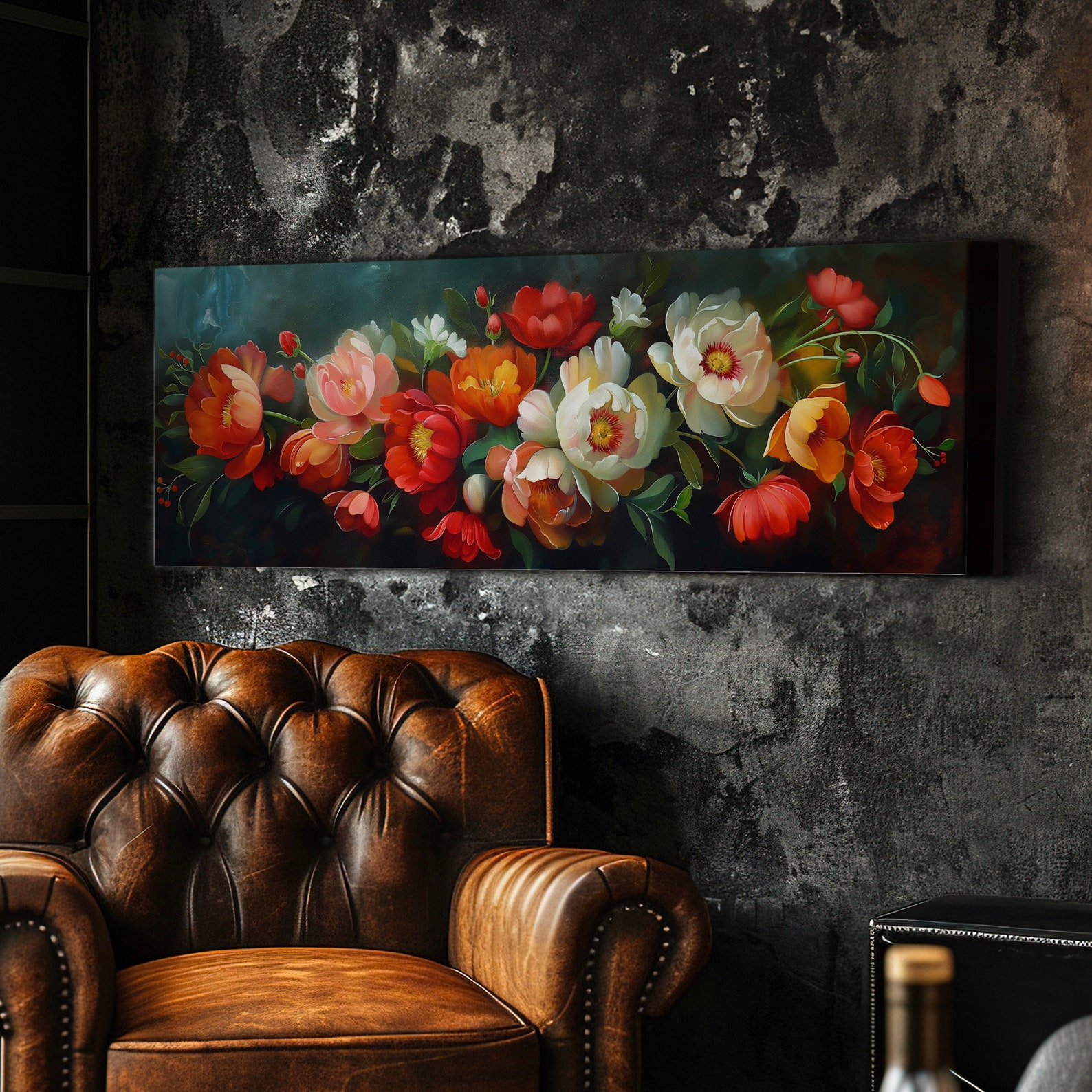 Baroque Bouquet Above Bed Wall Art Peony, Panoramic Floral Canvas Print ...