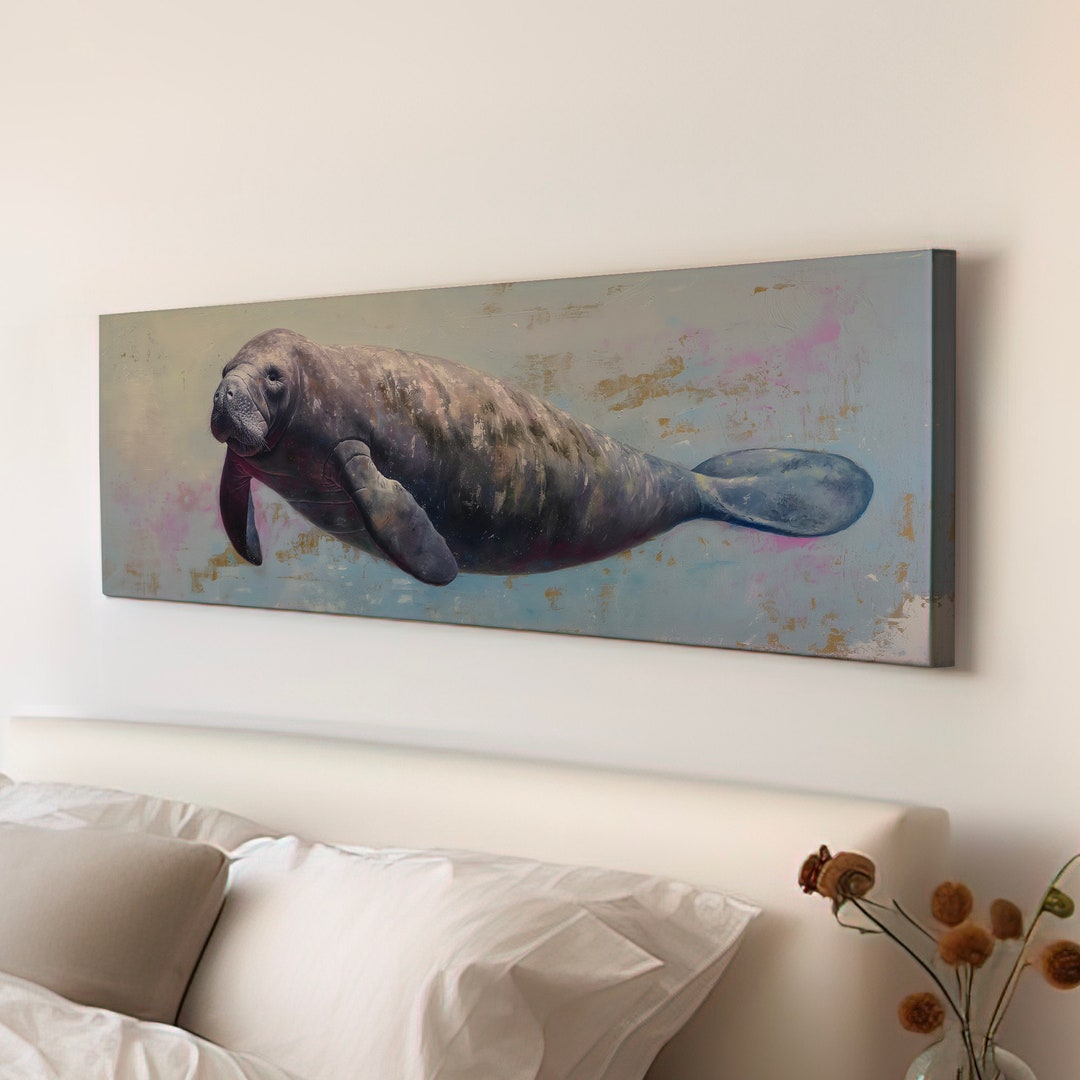 Swimming Manatee Above Bed Wall Art Ocean Life, Panoramic Minimal ...