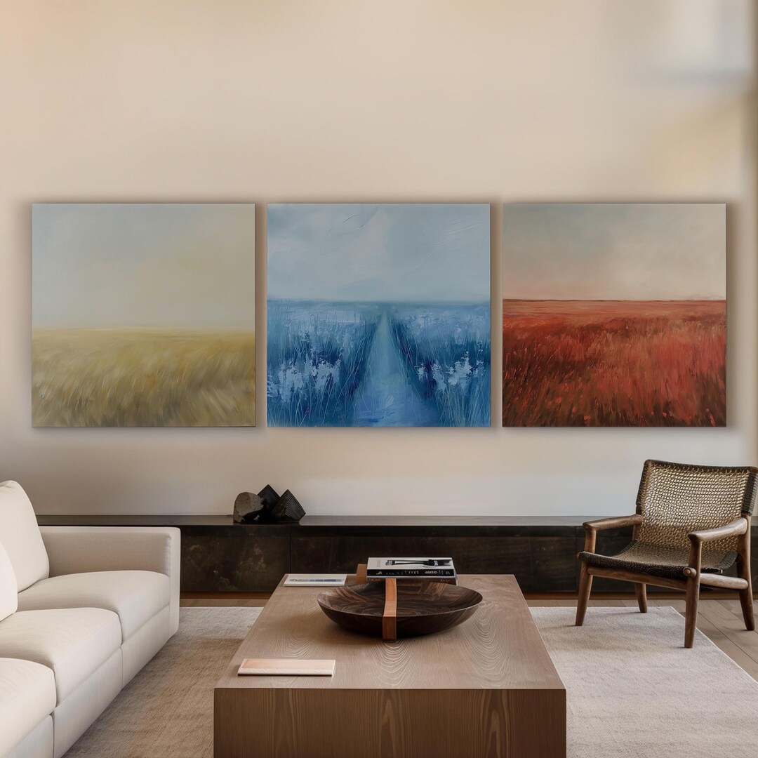 Colorful Grass Field Triple Canvas Wall Art Pampas Grass, Huge Pastel ...