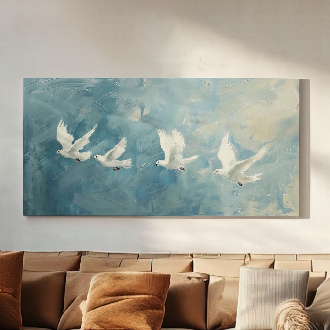 Flying Doves Long Horizontal Wall Art for Bedroom, Panoramic Abstract ...