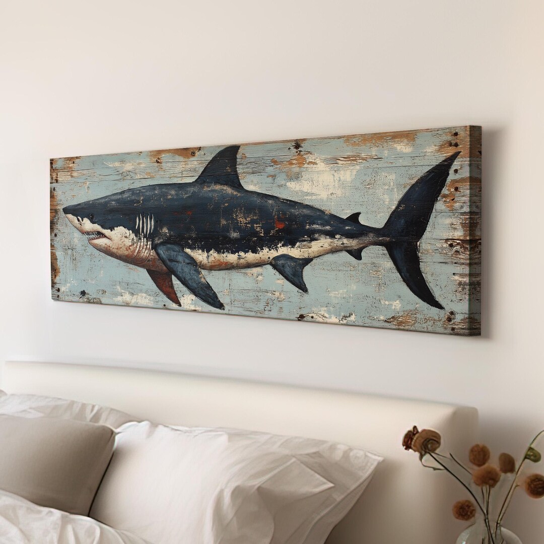 Rustic Great White Shark Panoramic Coastal Theme, Minimal Blue Ocean ...