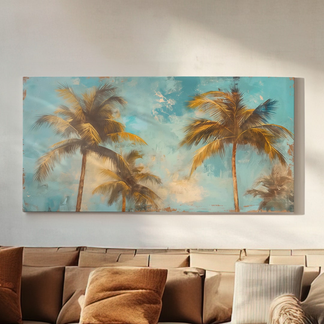 Vintage Abstract Palm Tree Long Horizontal Wall Art for Living Room ...